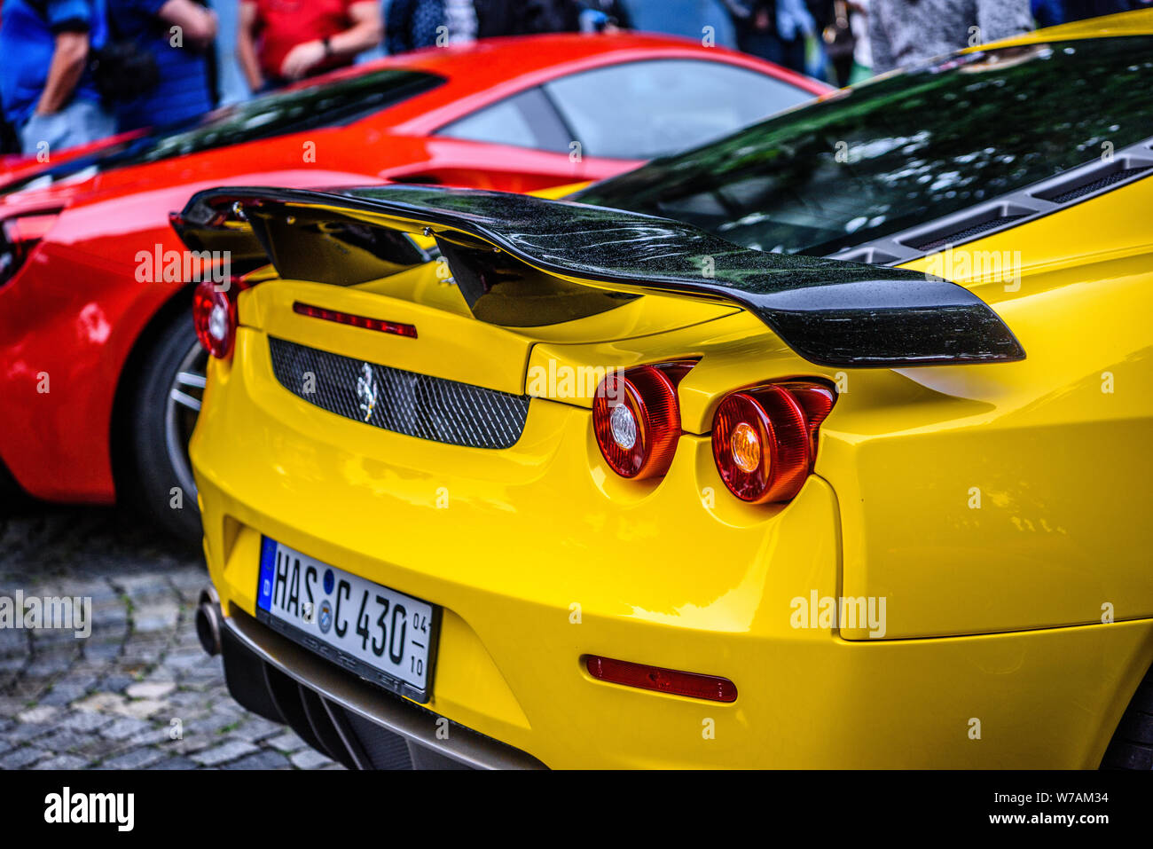 GERMANY, FULDA - JUL 2019: rearview lights of yellow FERRARI F430 Type ...