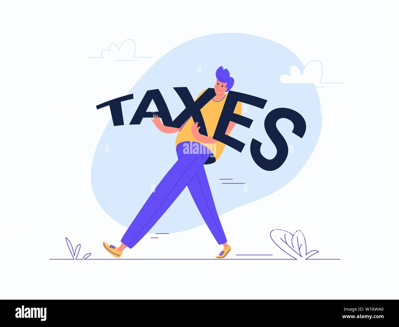 Young man carrying heavy taxes word as a taxpayer. Flat modern concept ...