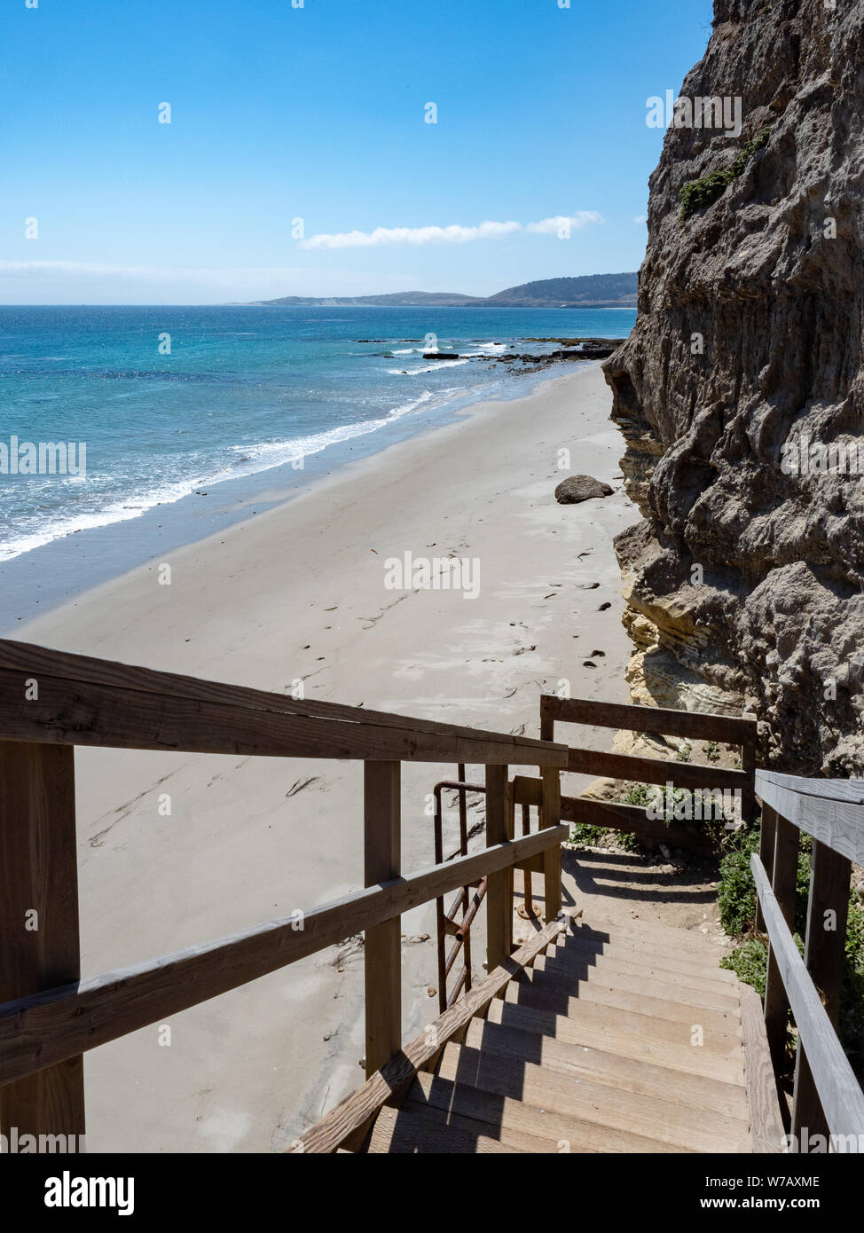 Stairway from pier to beach at Bechers Bay Pier on a sunny spring day ...