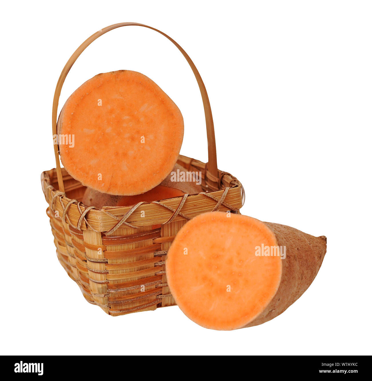 cutting sweet potatoes in basket isolated on white background Stock ...