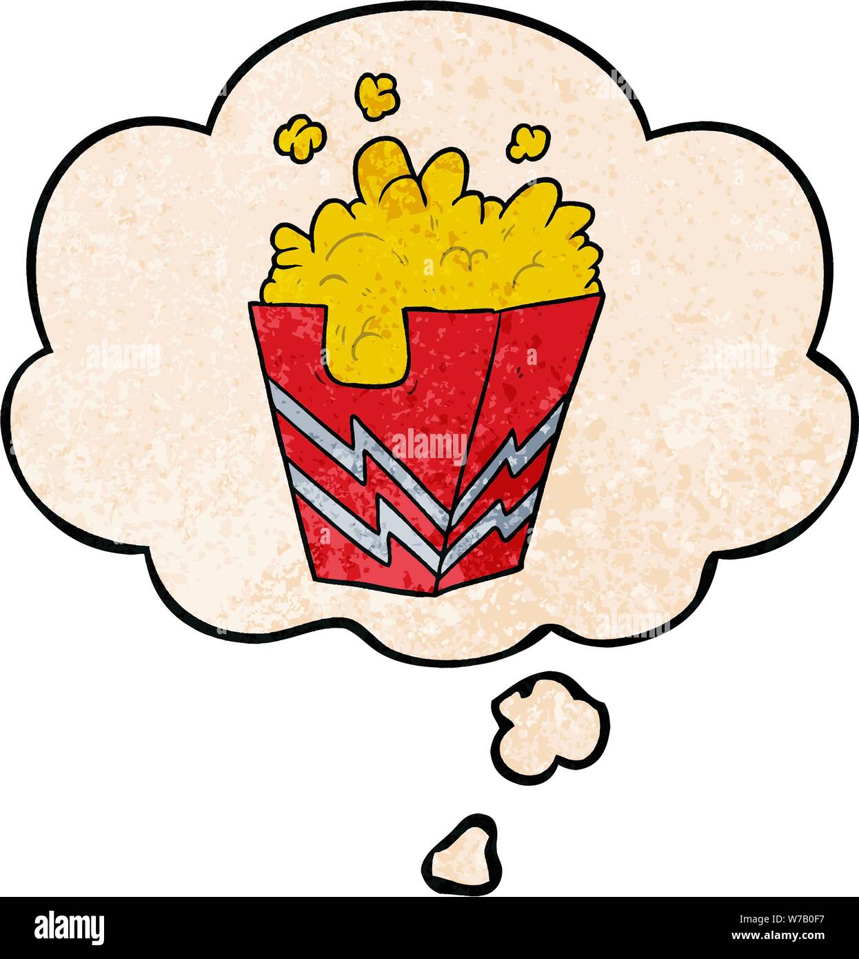 cartoon box of popcorn with thought bubble in grunge texture style ...