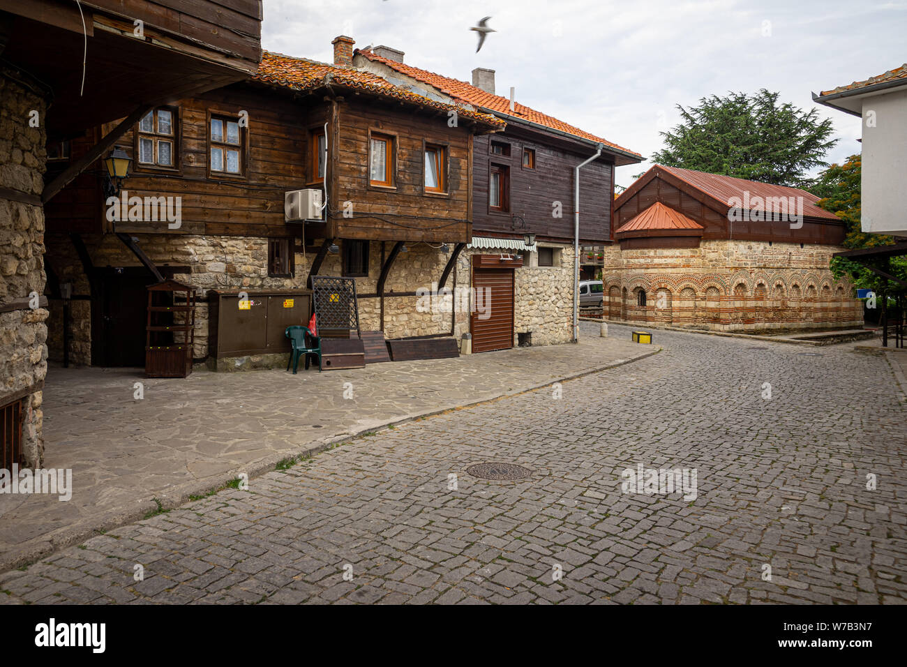 Street of old town. Church of Saint Paraskevi of Iconium (also known as ...
