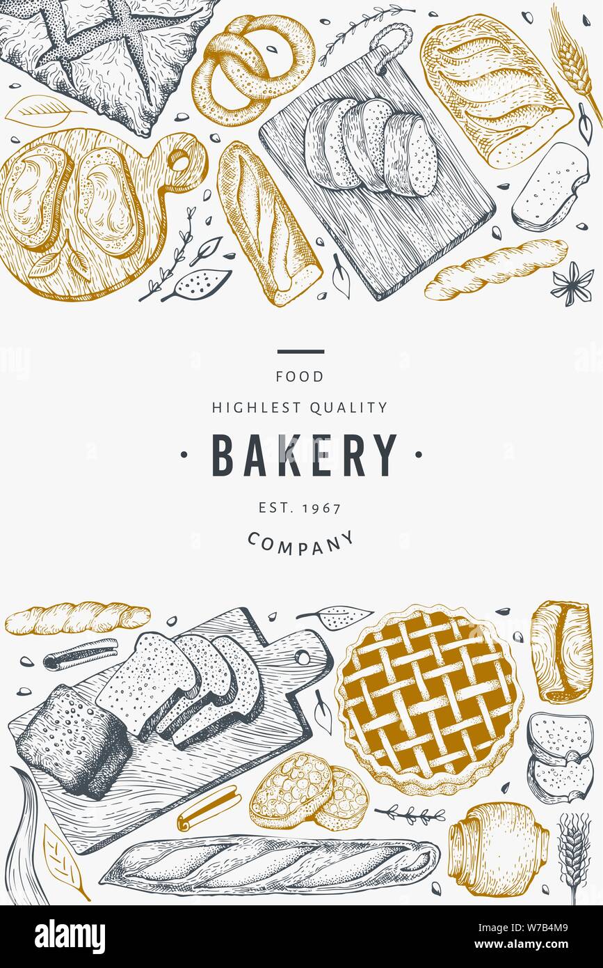 Bread and pastry banner. Vector bakery hand drawn illustration. Retro ...