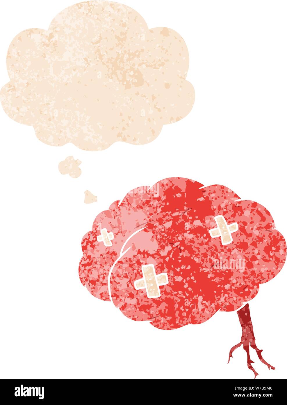 cartoon injured brain with thought bubble in grunge distressed retro ...