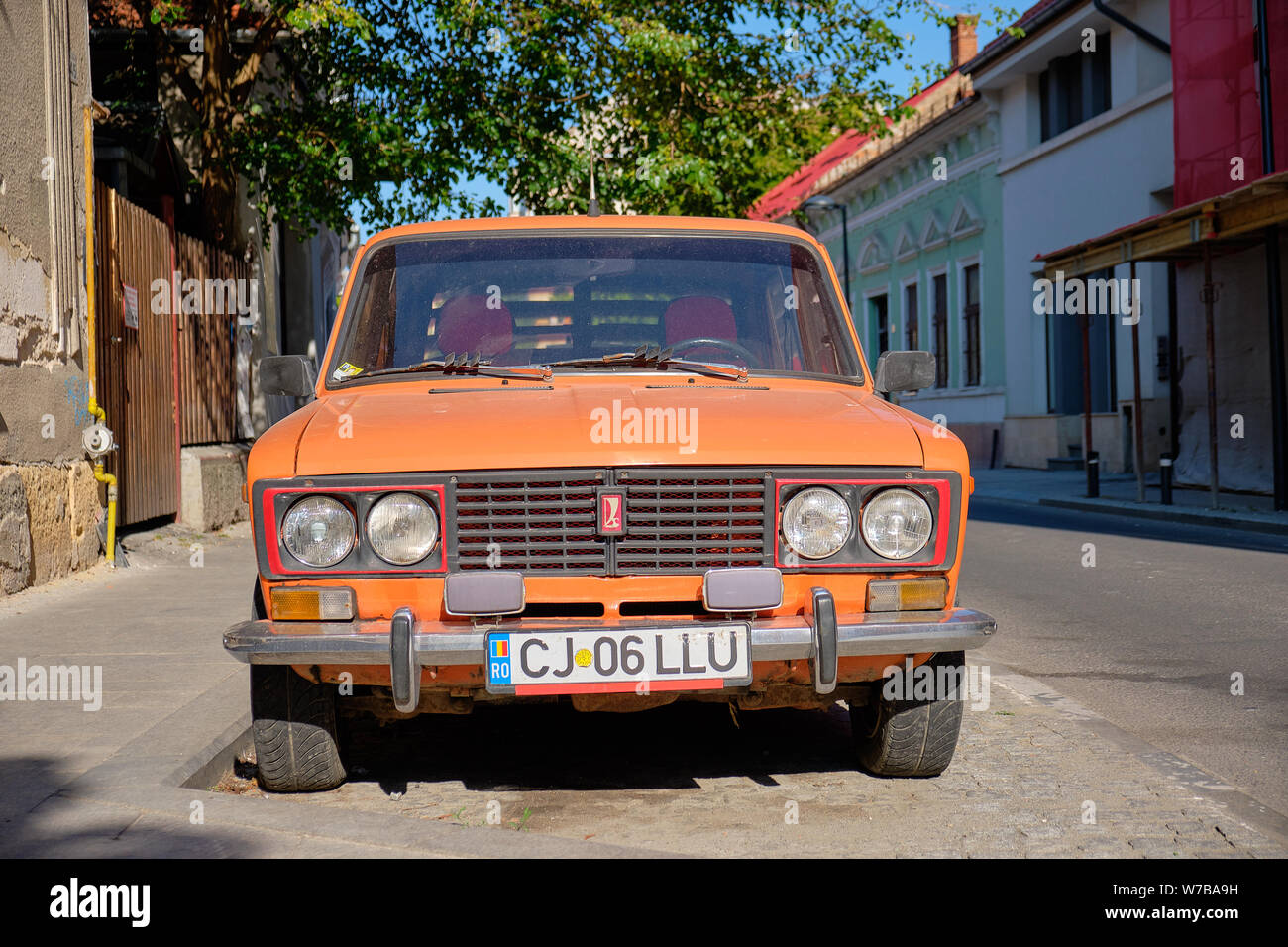 Front view od Classic Original Orange Lada VAZ car parked on city ...