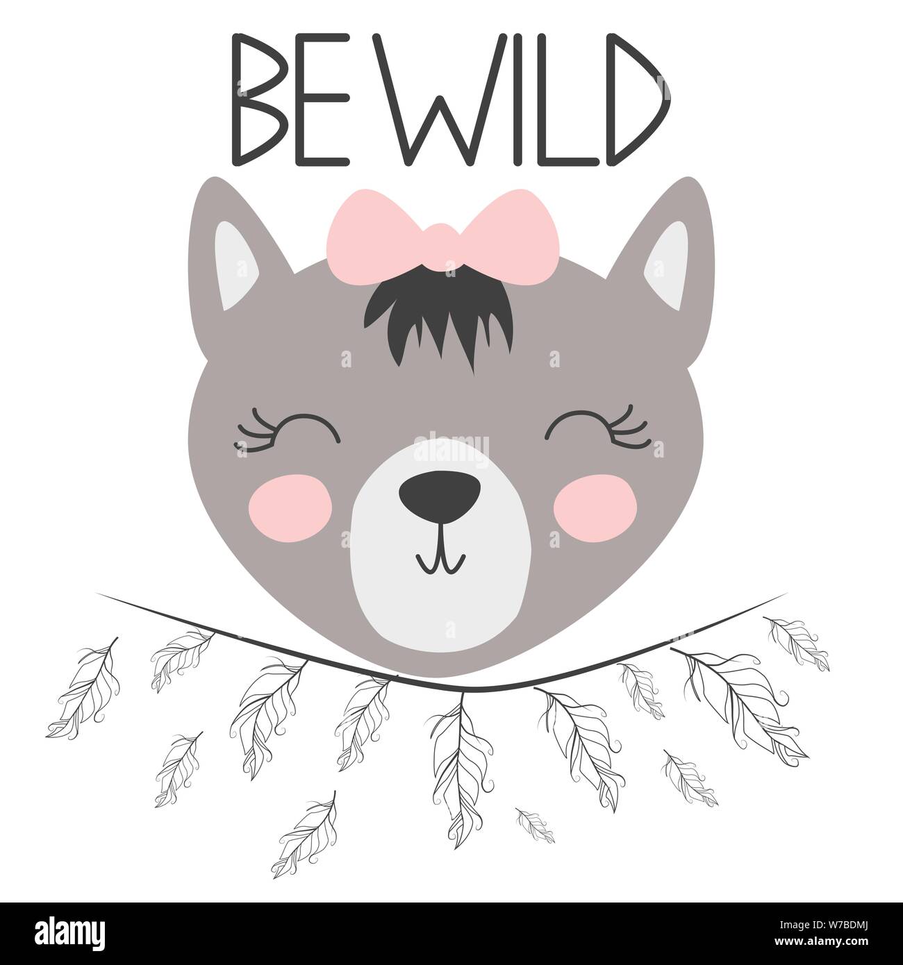 Cute sweet little wolf girl smiling face art. Lettering quote Be wild ...