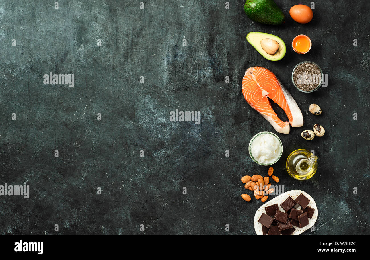 Healthy fats sources concept. Different food ingredients rich good ...