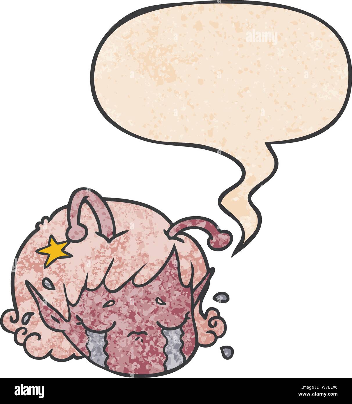 cartoon alien space girl face crying with speech bubble in retro ...