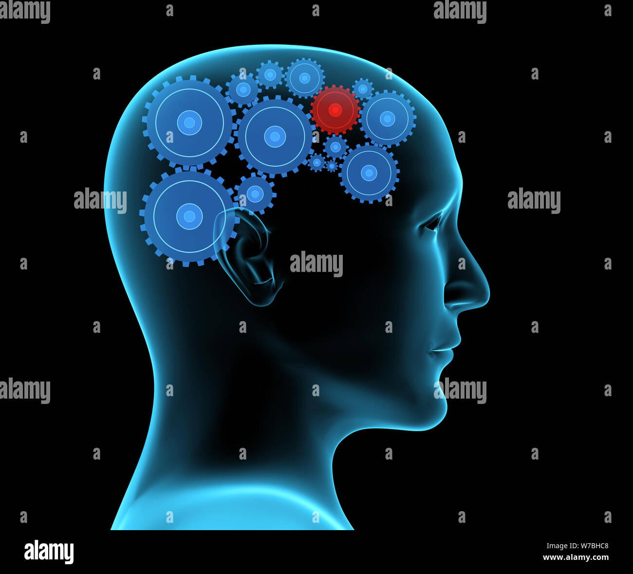 Headache migraine. Human x-ray profile with gears in form of brain ...