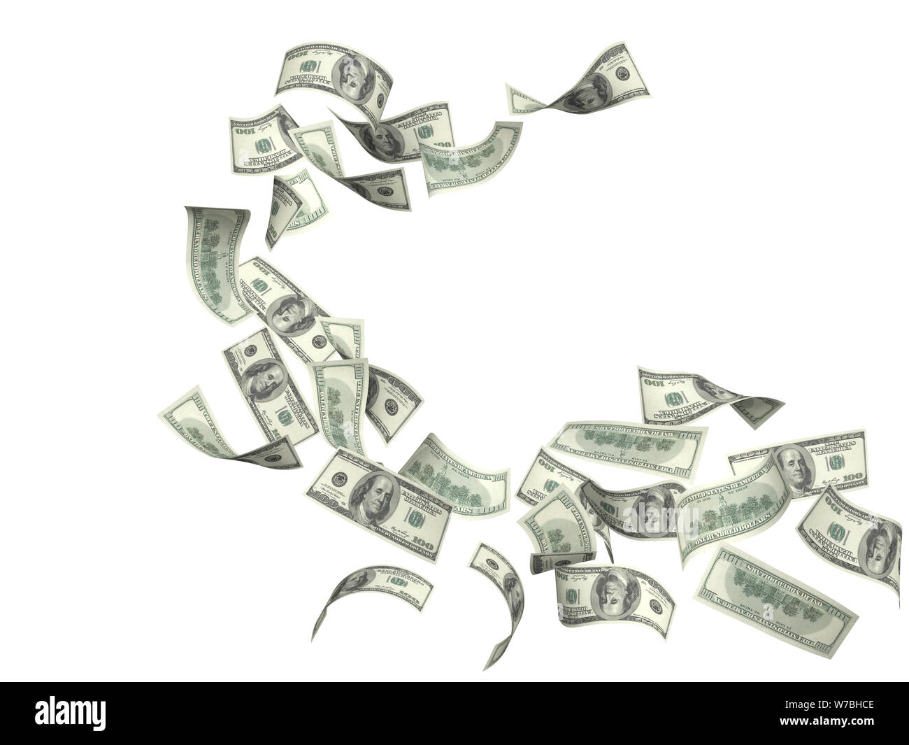 Flying banknotes of hundred dollars. Isolated on white background. 3d ...