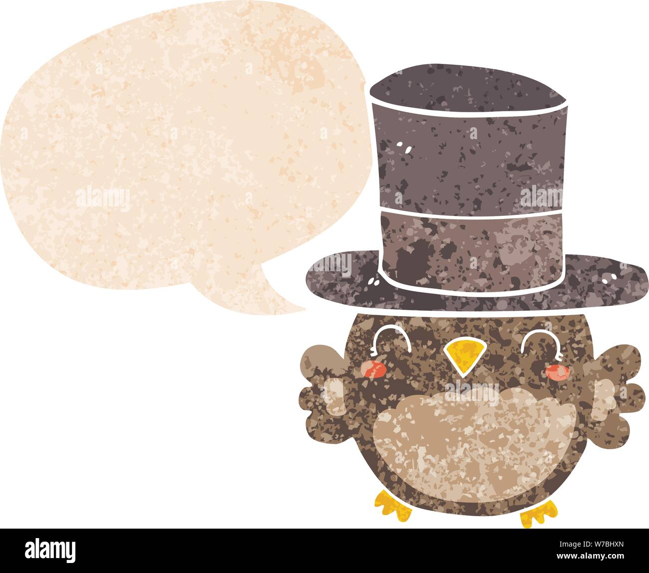 cartoon owl wearing top hat with speech bubble in grunge distressed ...