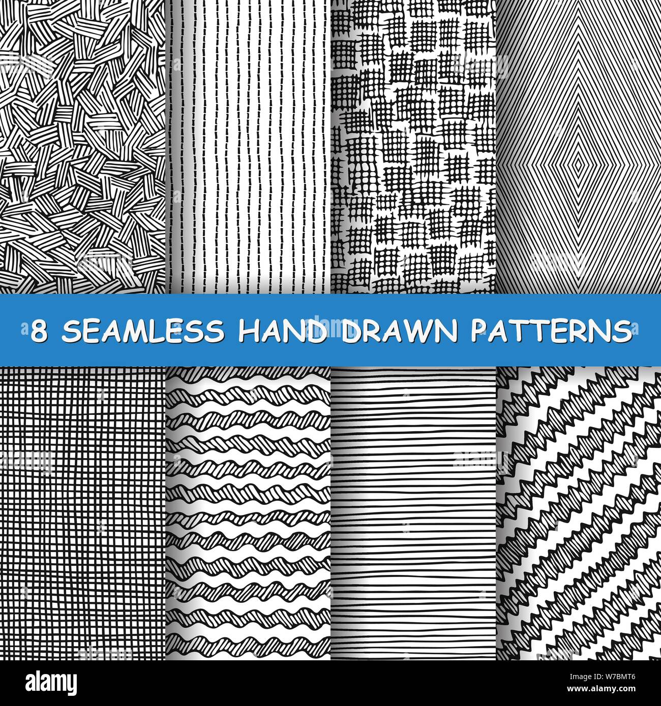 Set of eight seamless hand drawn patterns. Graphic textures. Hand made ...