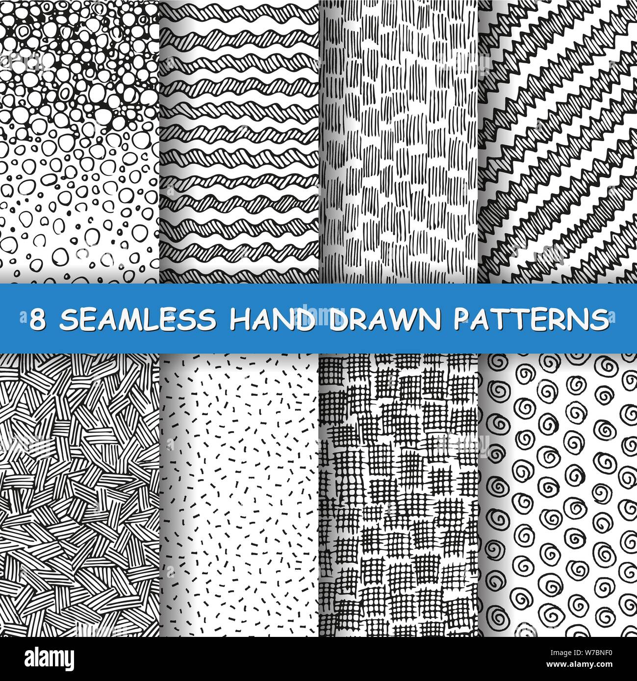 Set of eight seamless hand drawn patterns. Graphic textures. Hand made ...