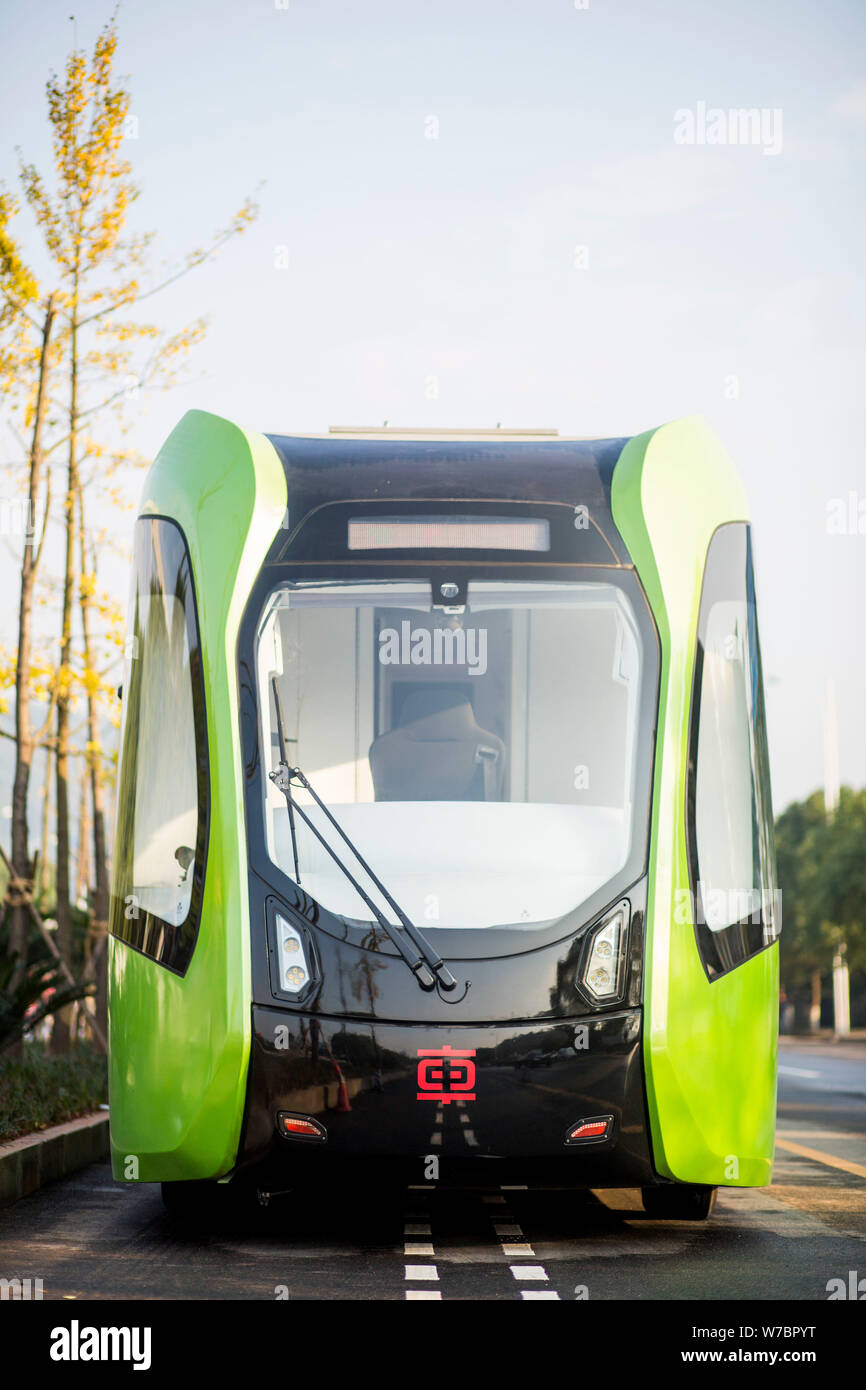 A railless train, developed by the CRRC Zhuzhou Institute Co. Ltd, runs ...