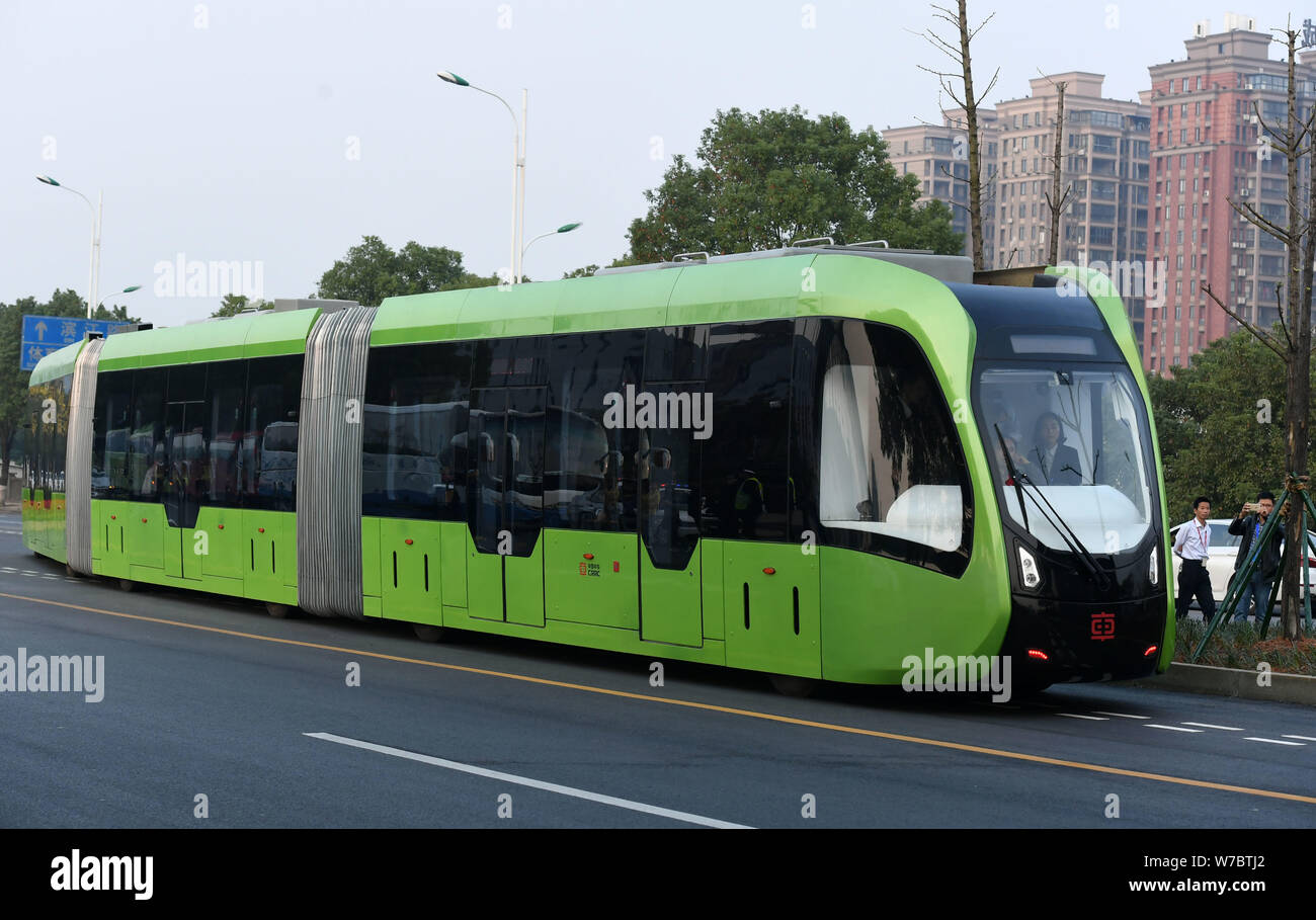 A railless train, developed by the CRRC Zhuzhou Institute Co. Ltd, runs ...
