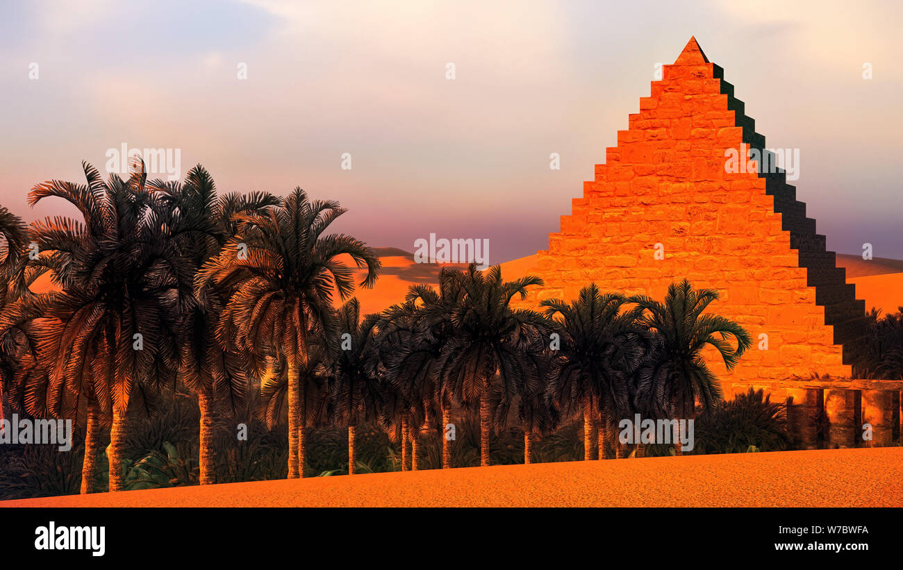 Pyramid at Sahara oasis 3d rendering Stock Photo - Alamy