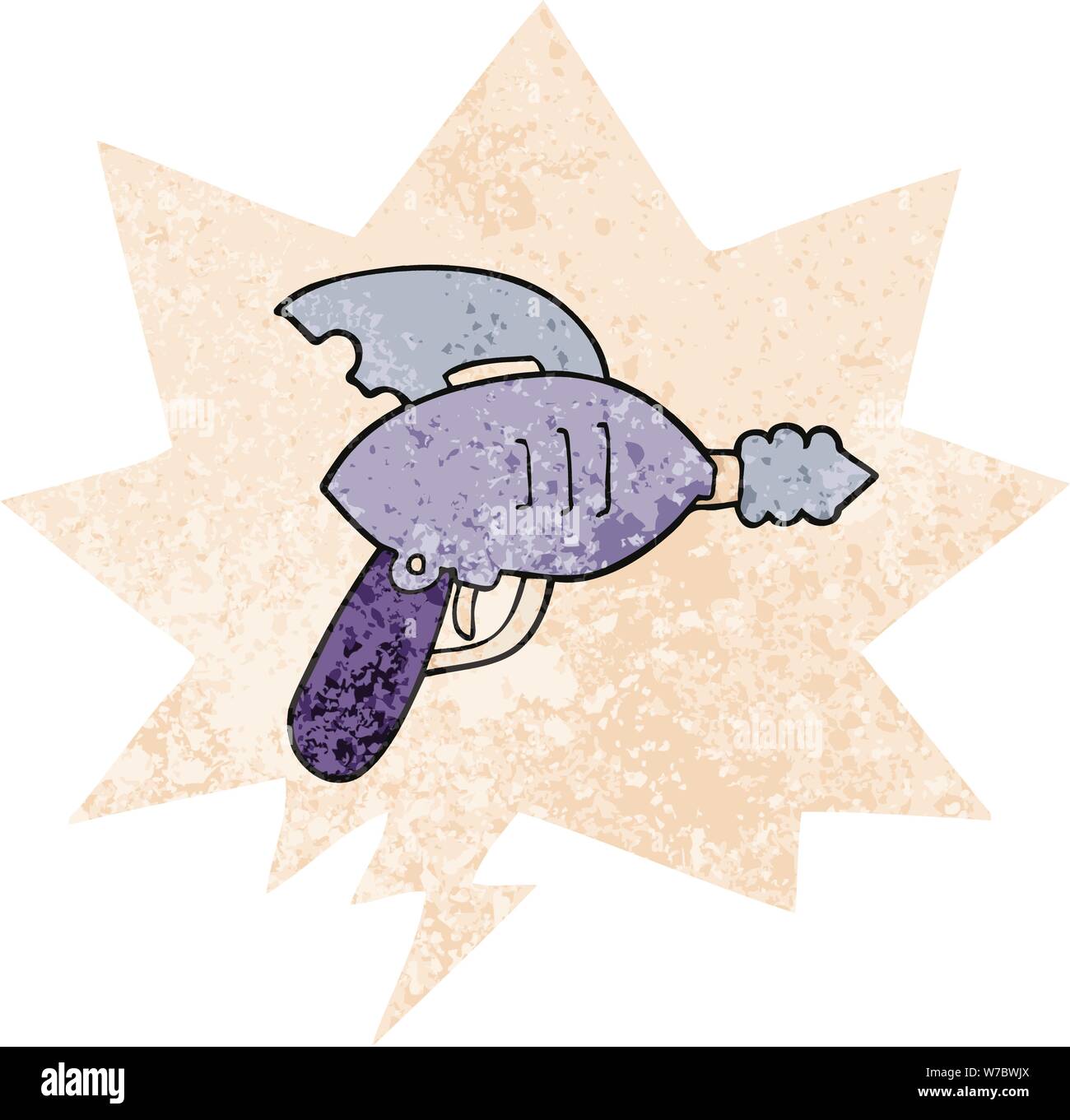 cartoon ray gun with speech bubble in grunge distressed retro textured ...