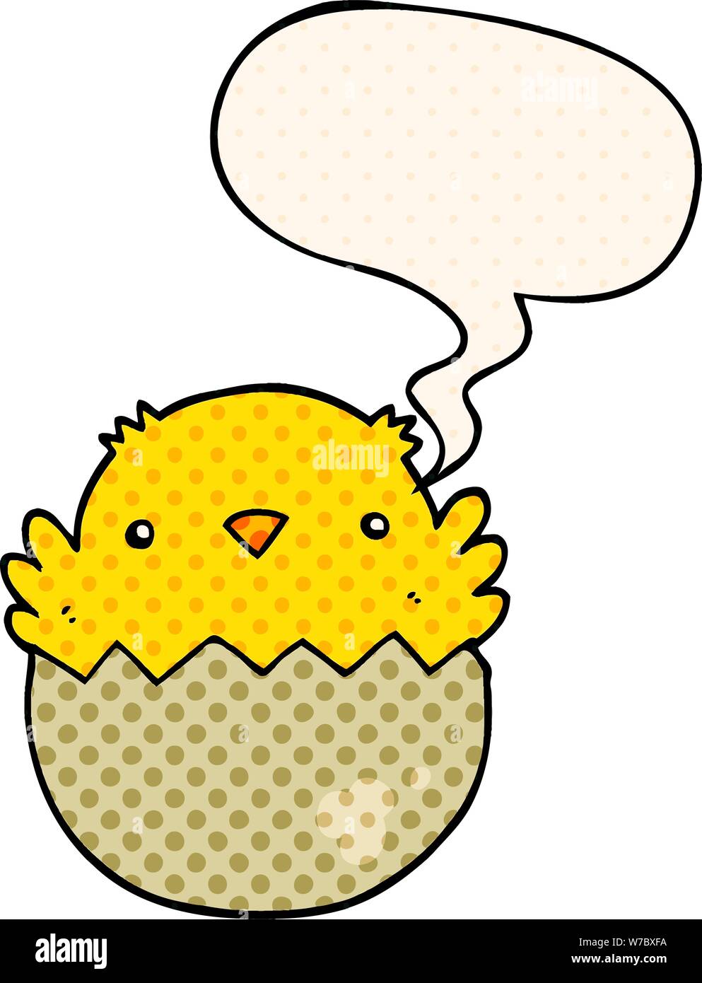 cartoon chick hatching from egg with speech bubble in comic book style ...