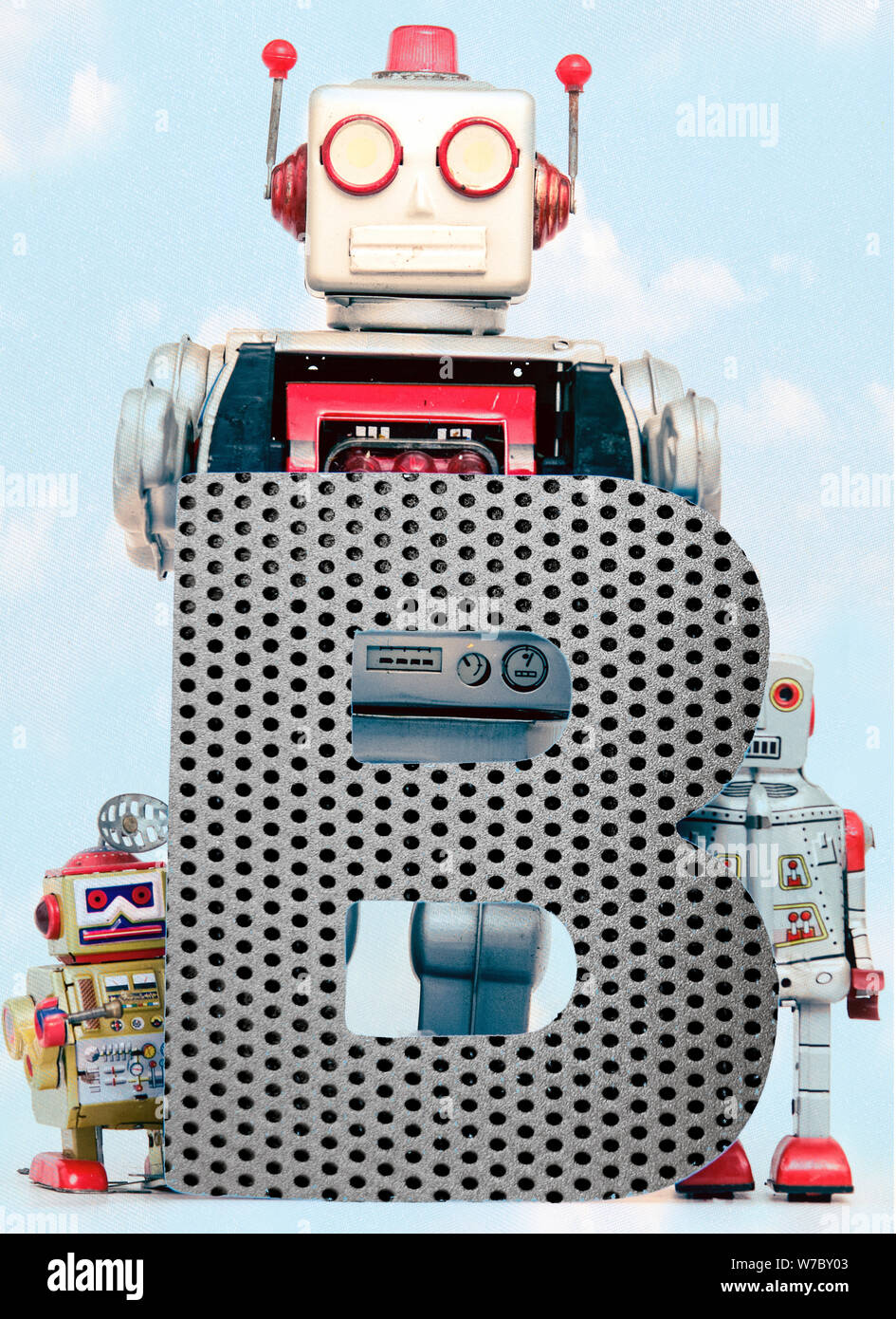 retro robots holding a big metal letter B with blue sky and clouds ...