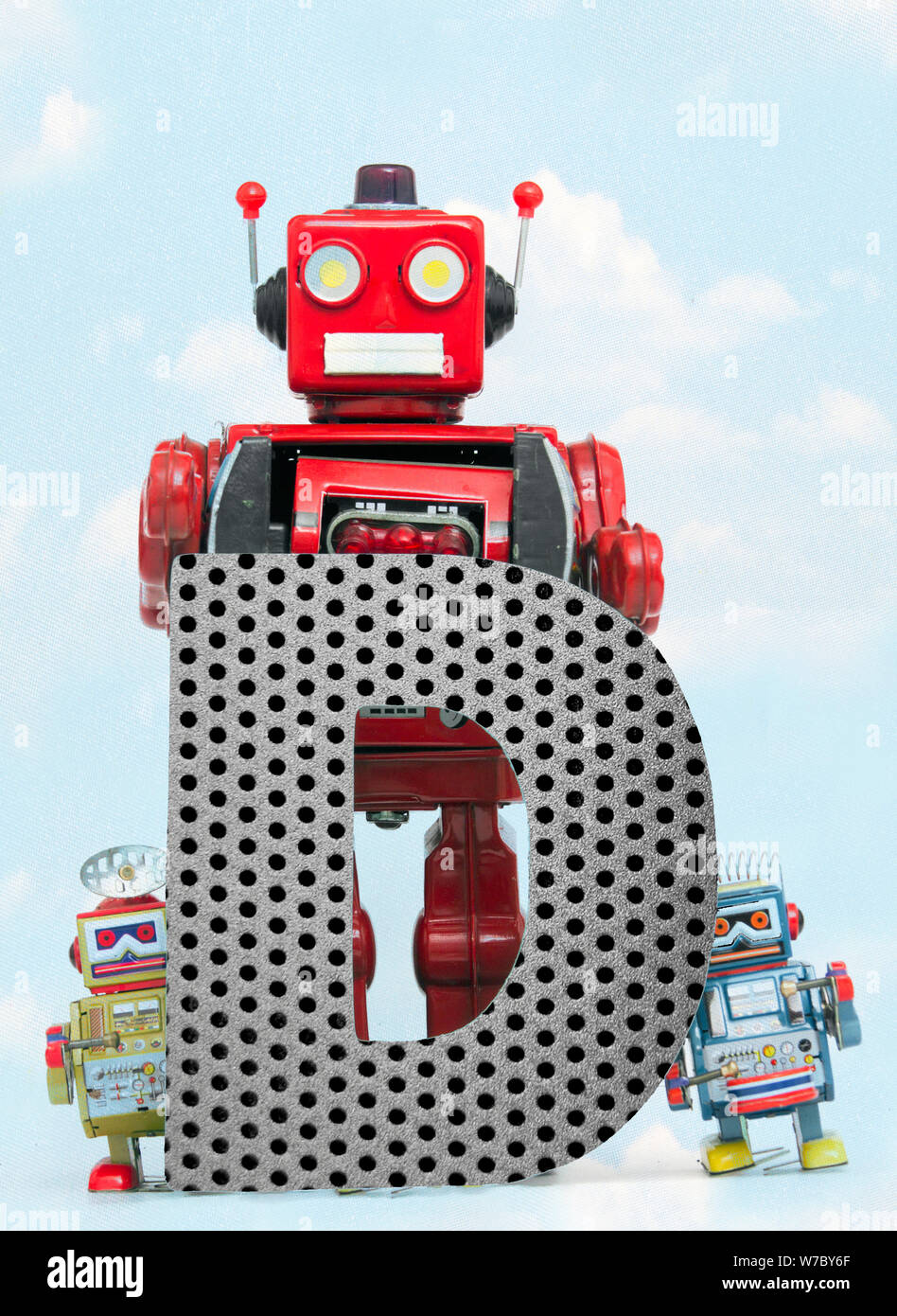 retro robots holding a big metal letter D with blue sky and clouds ...