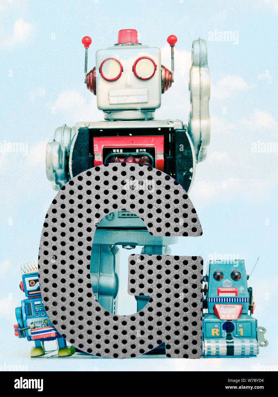 retro robots holding a big metal letter G with blue sky and clouds ...