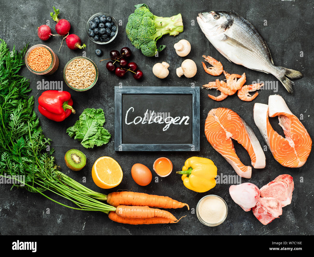 Food rich in collagen. Various food ingredients and chalkboard with ...