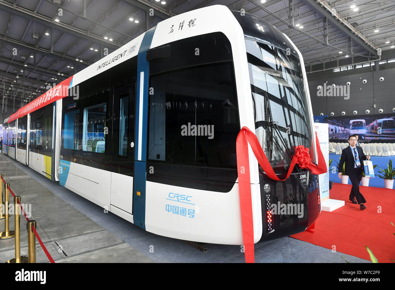 View of a modern five modules 100% low floor tramcar of China's self ...