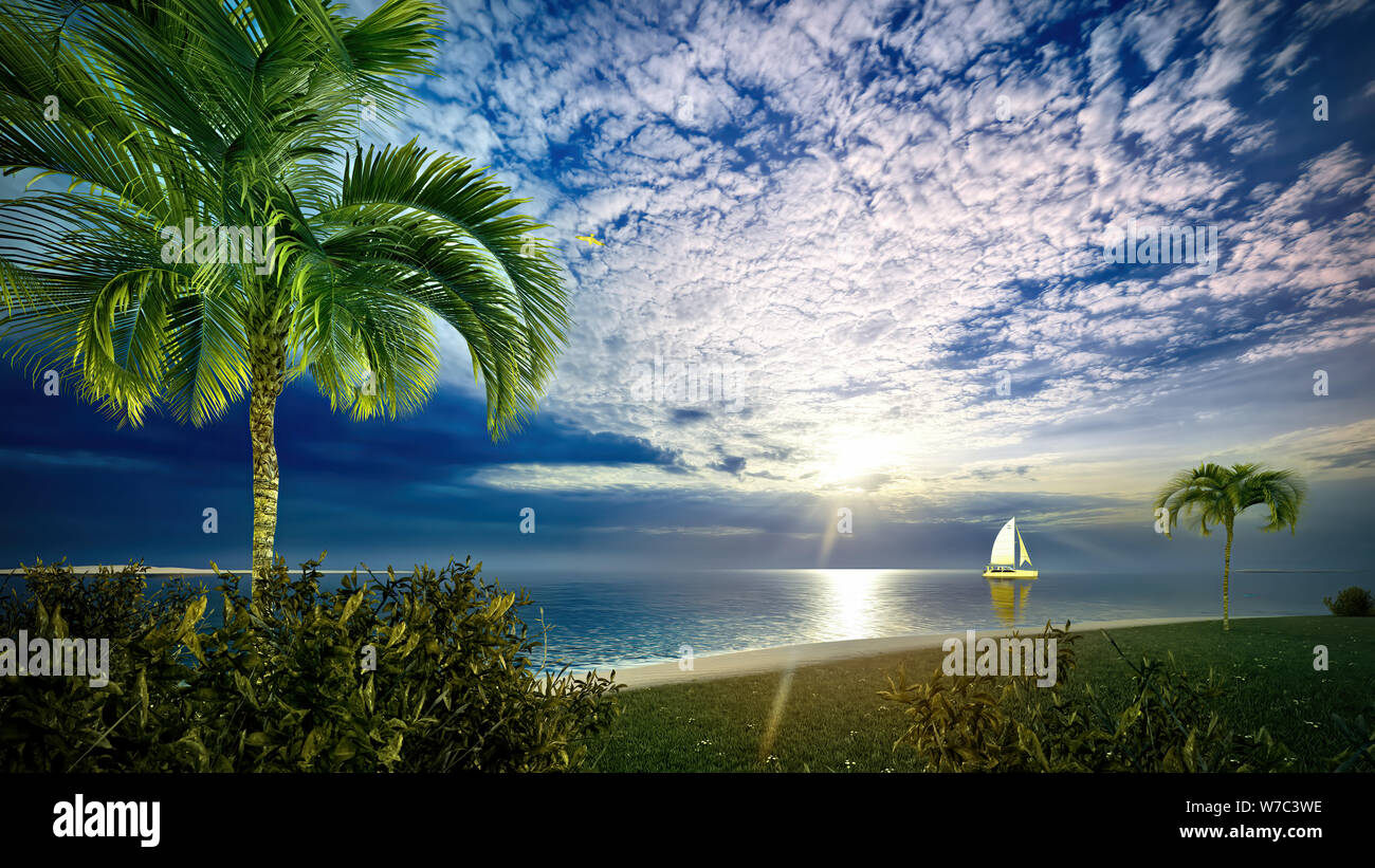 Sunrise in Caribbean with catamaran in front of view 3d rendering Stock ...