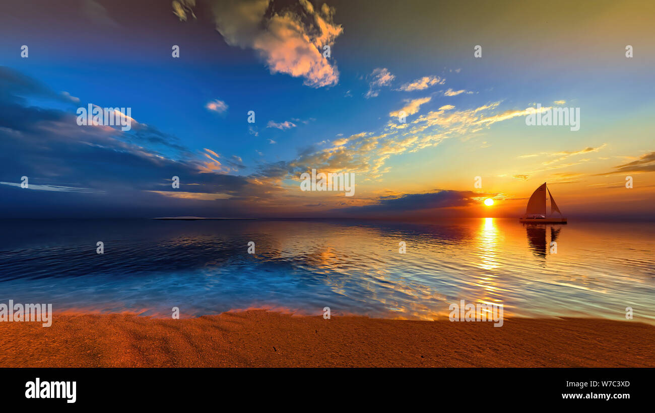 Sunrise in Caribbean with catamaran in front of view 3d rendering Stock ...