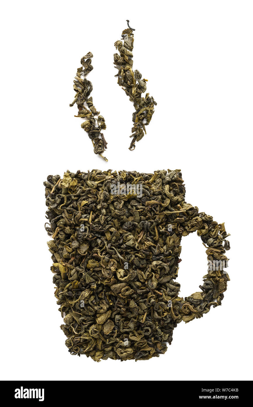 Tea cup icon made of dry Oolong tea leaves. Isolated on white ...