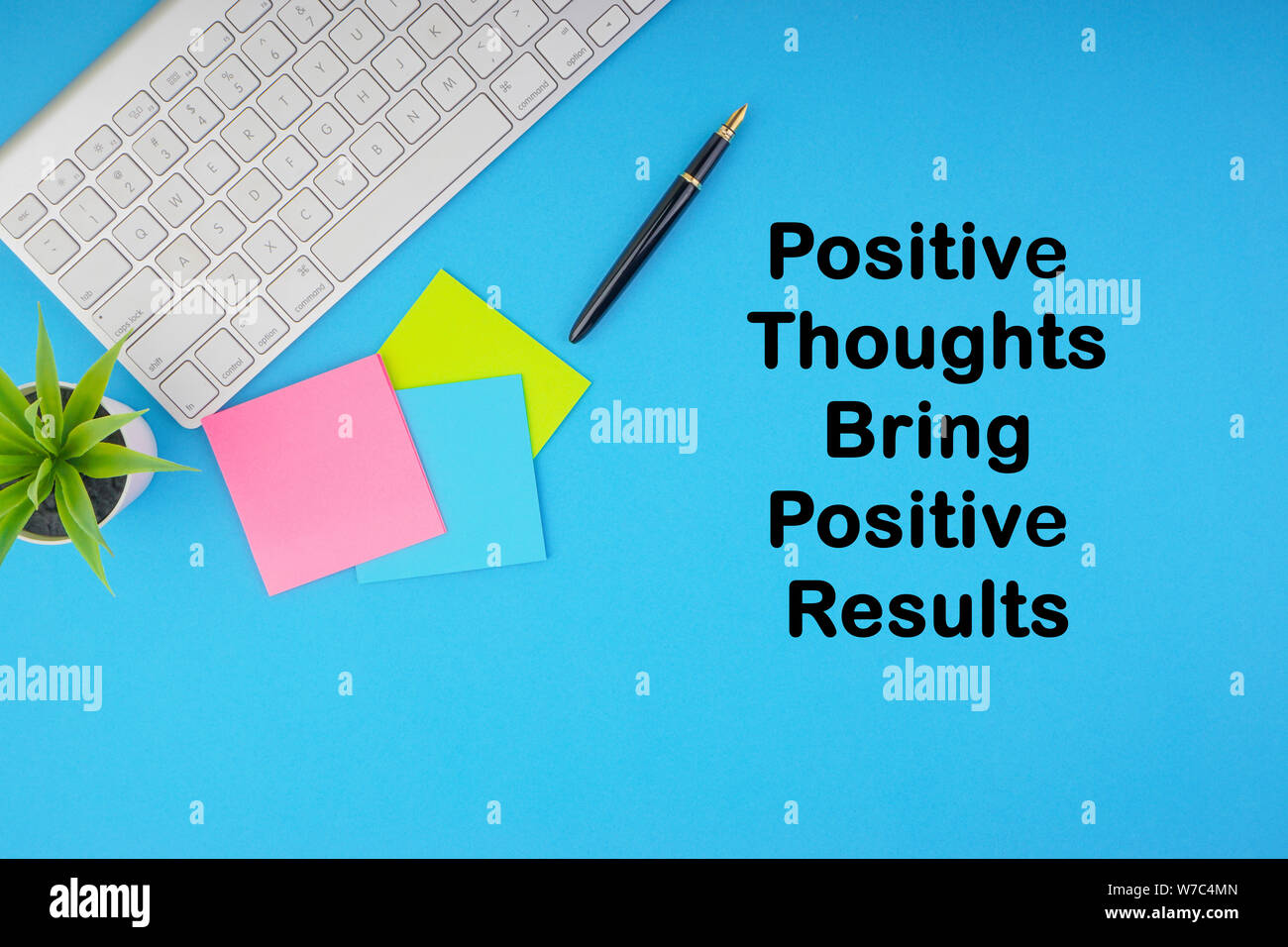 Flat lay, top view office table desk. Workspace with POSITIVE THOUGHTS ...