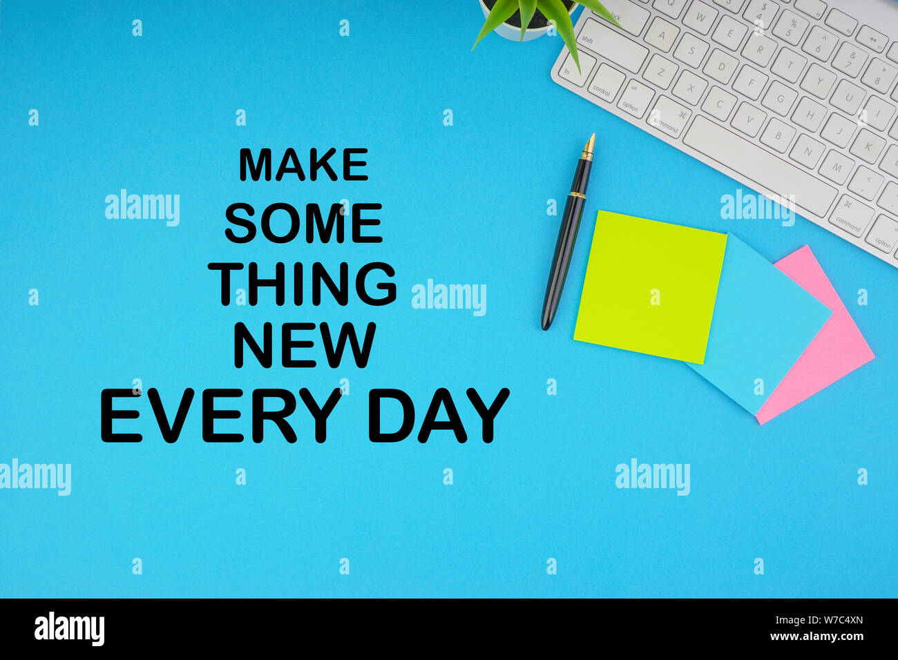 Flat lay, top view office table desk. Workspace with MAKE SOMETHING NEW ...