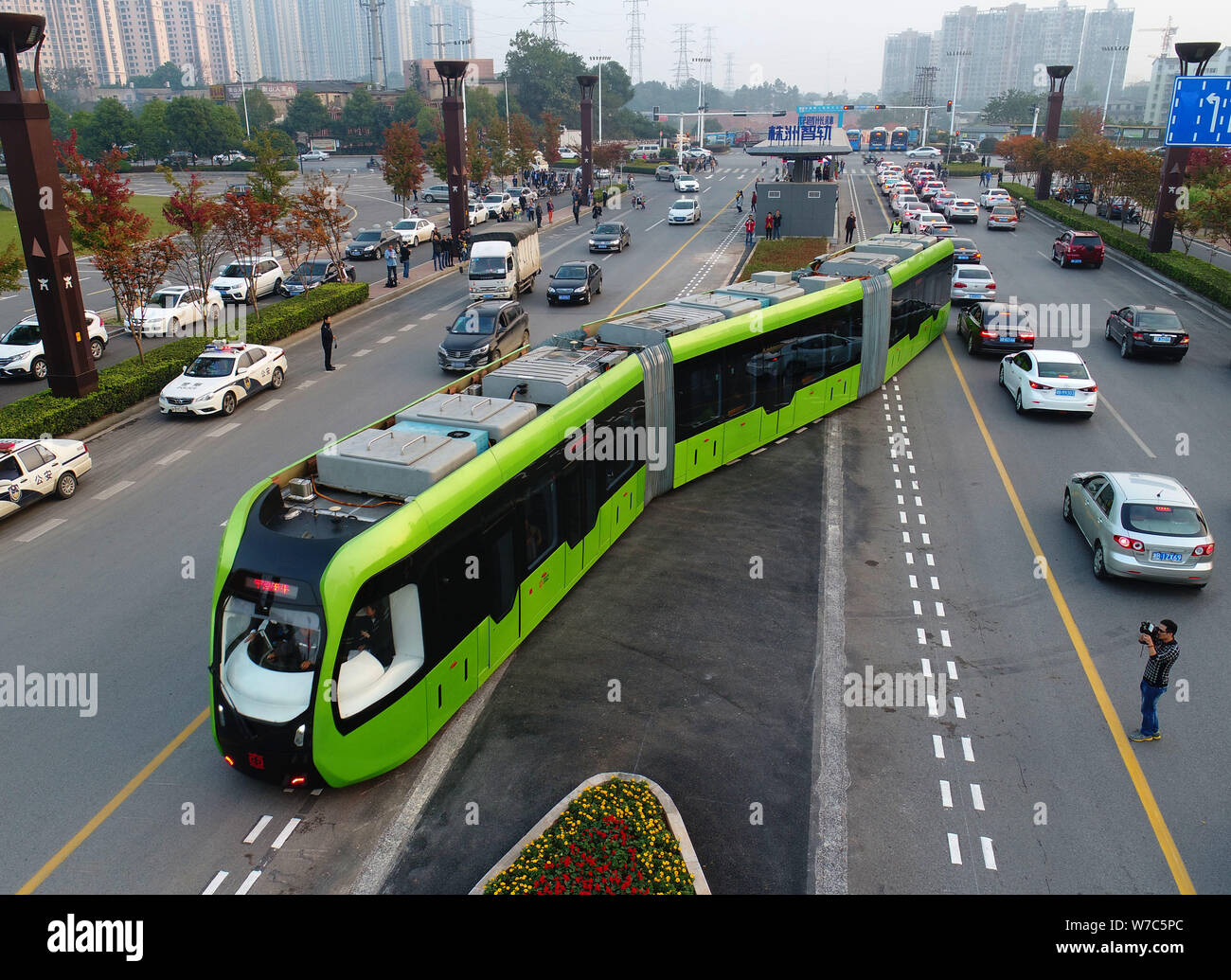 A railless train, developed by the CRRC Zhuzhou Institute Co. Ltd, runs ...