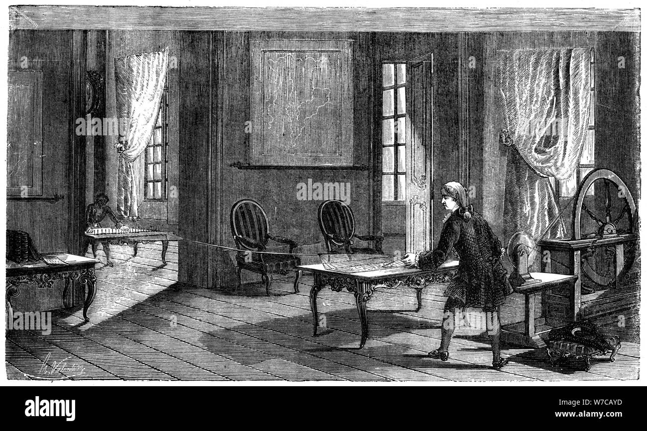 Lesage experimenting with the first electric telegraph, Geneva, 1774 ...