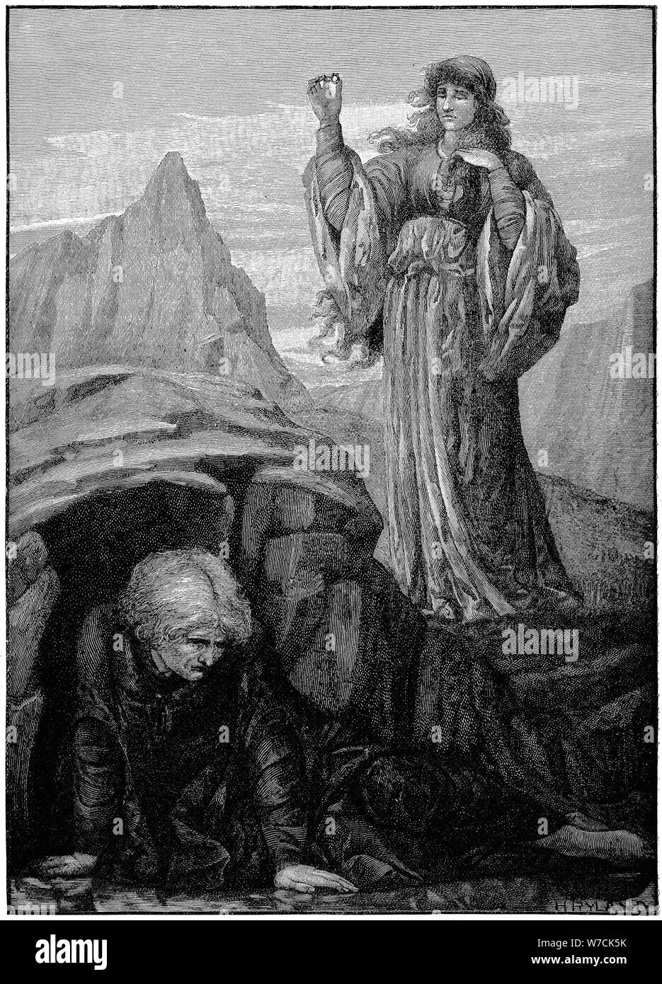 Morgan le Fay casts spell on Merlin. Artist: Henry Ryland Stock Photo ...