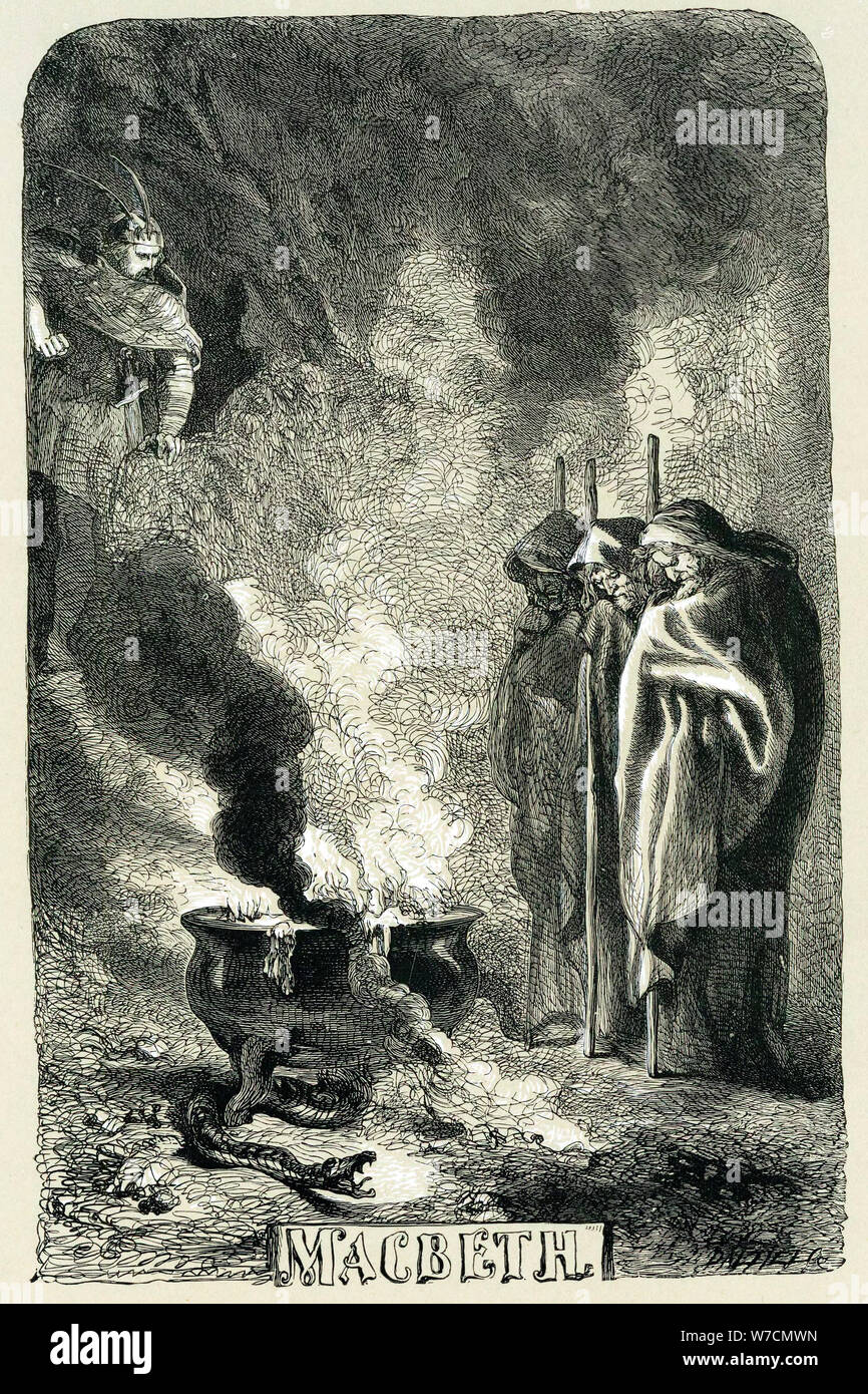 Macbeth visiting the three witches on the blasted heath, 1858. Artist ...
