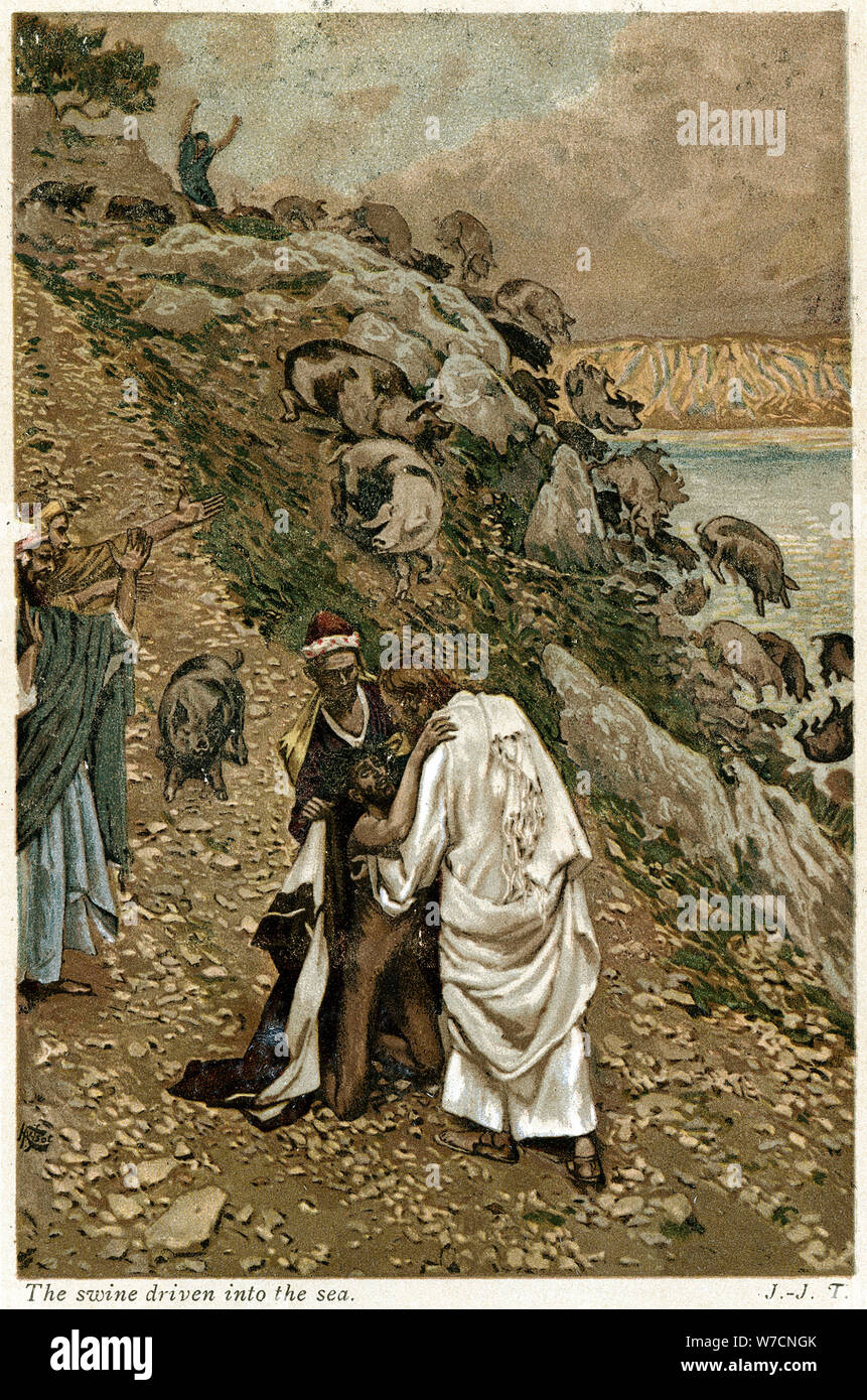 Jesus casting devils out of a kneeling man, c1890. Artist: Unknown ...