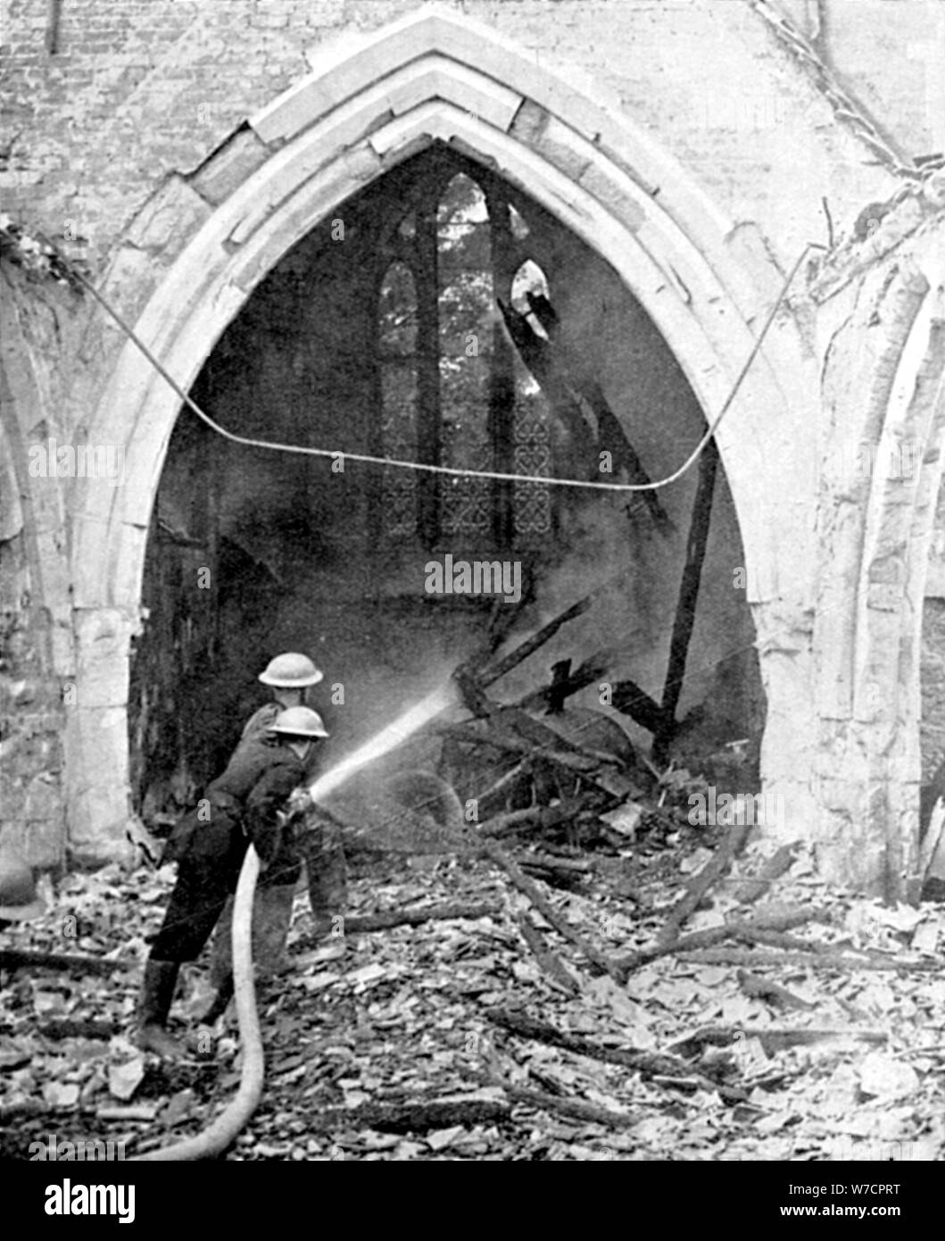 British firefighters damping down a bombed church, World War II, June ...