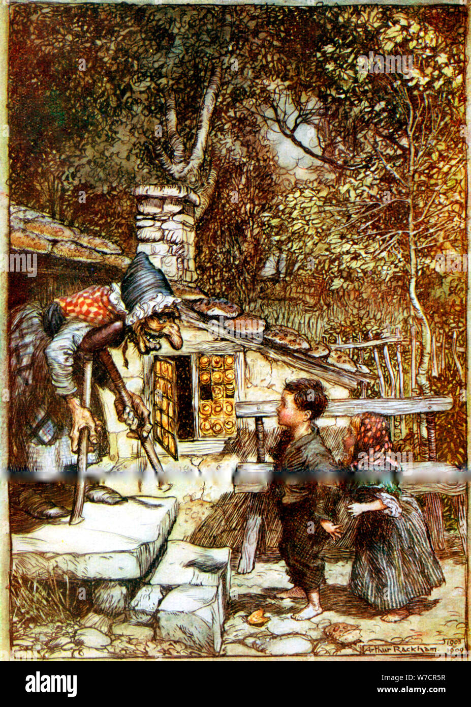 Hansel and Gretel and the Witch on the doorstep of her cottage. Artist ...