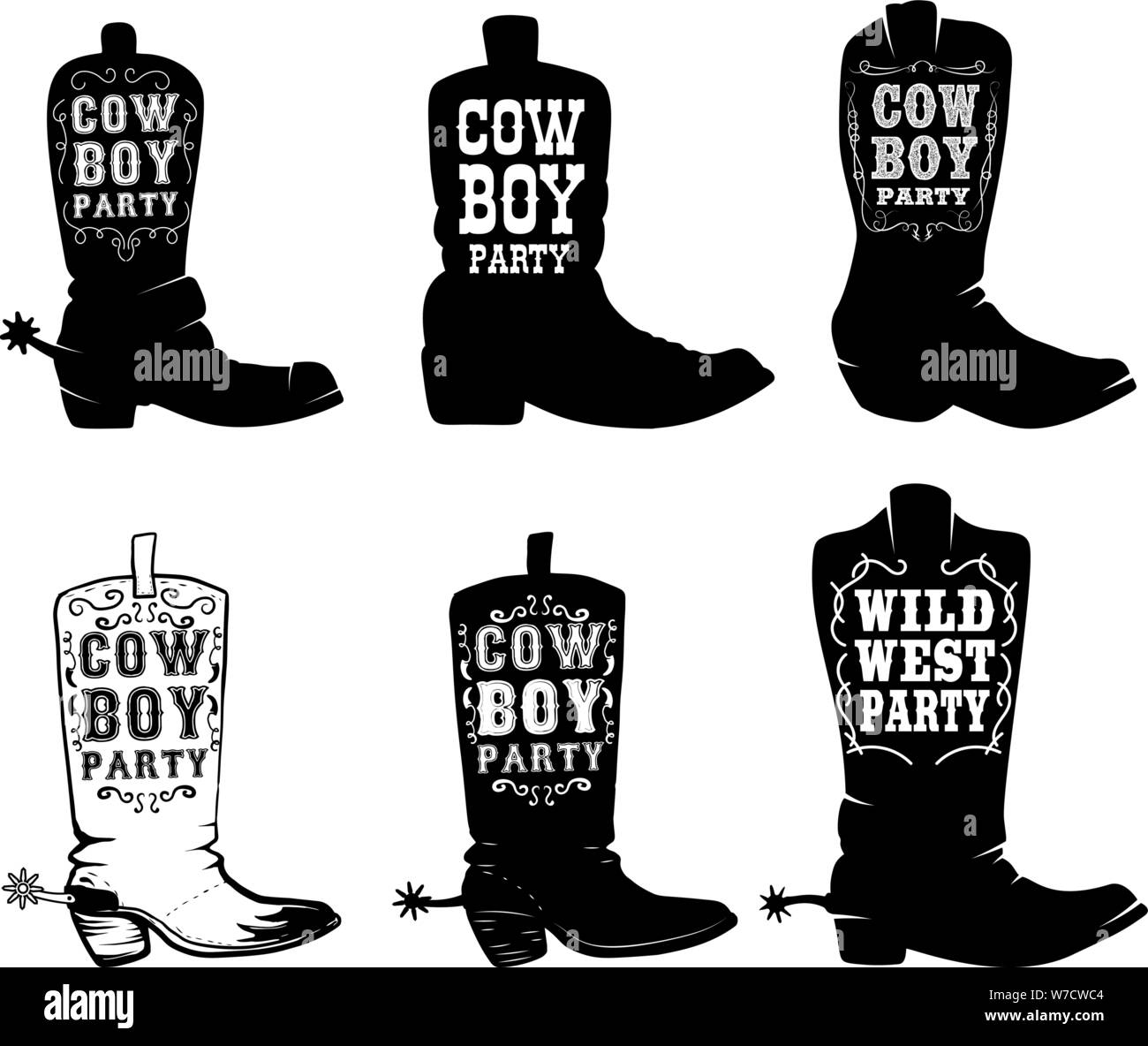 Cowboy party. Set of illustration of cowboy boots with lettering ...