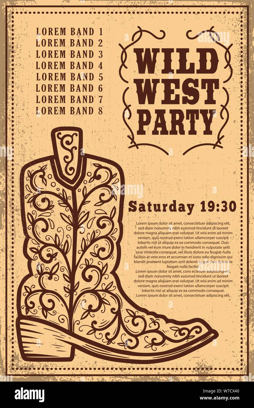 Wild west party. Poster template with cowboy boot on grunge background ...
