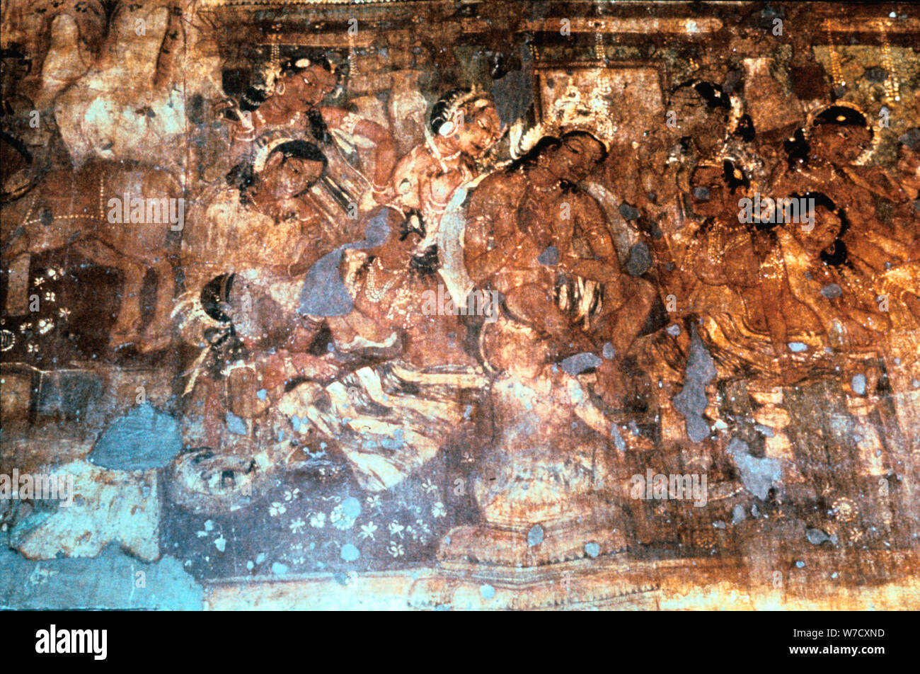 King Mahajanaka listening to Queen Vivali, Ajanta cave fresco, India ...