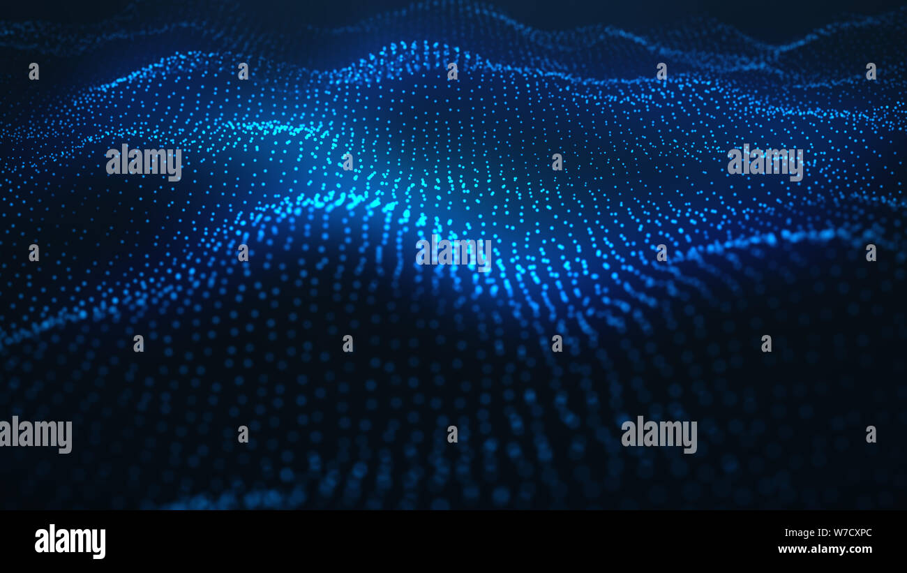 Abstract background of shining particles, digital wave, sparkling blue ...