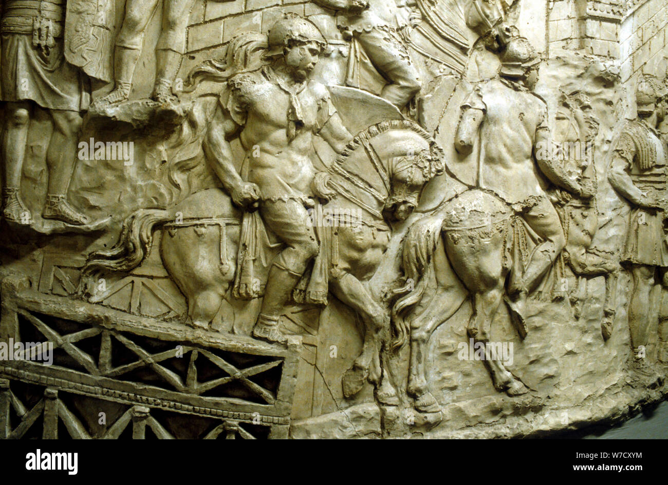 Roman cavalry crossing a wooden bridge, from Trajan's column, Rome, 106 ...