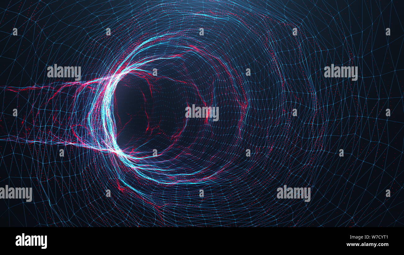 Abstract digital wormhole, tunnel consisting blue and red sparkling ...