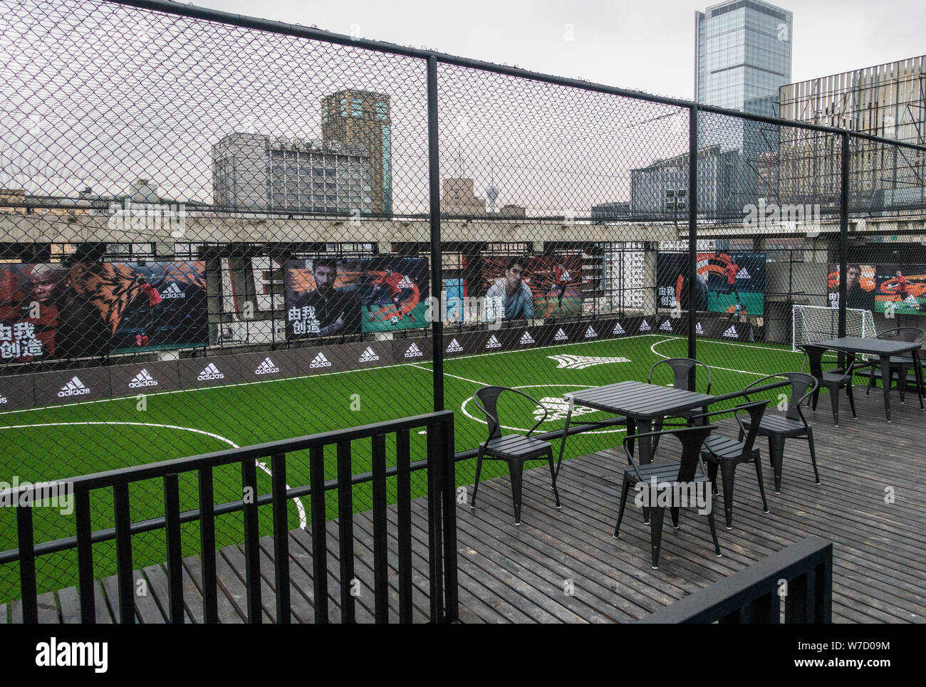 A football pitch is pictured on the rooftop of the Jinkai Plaza, the ...