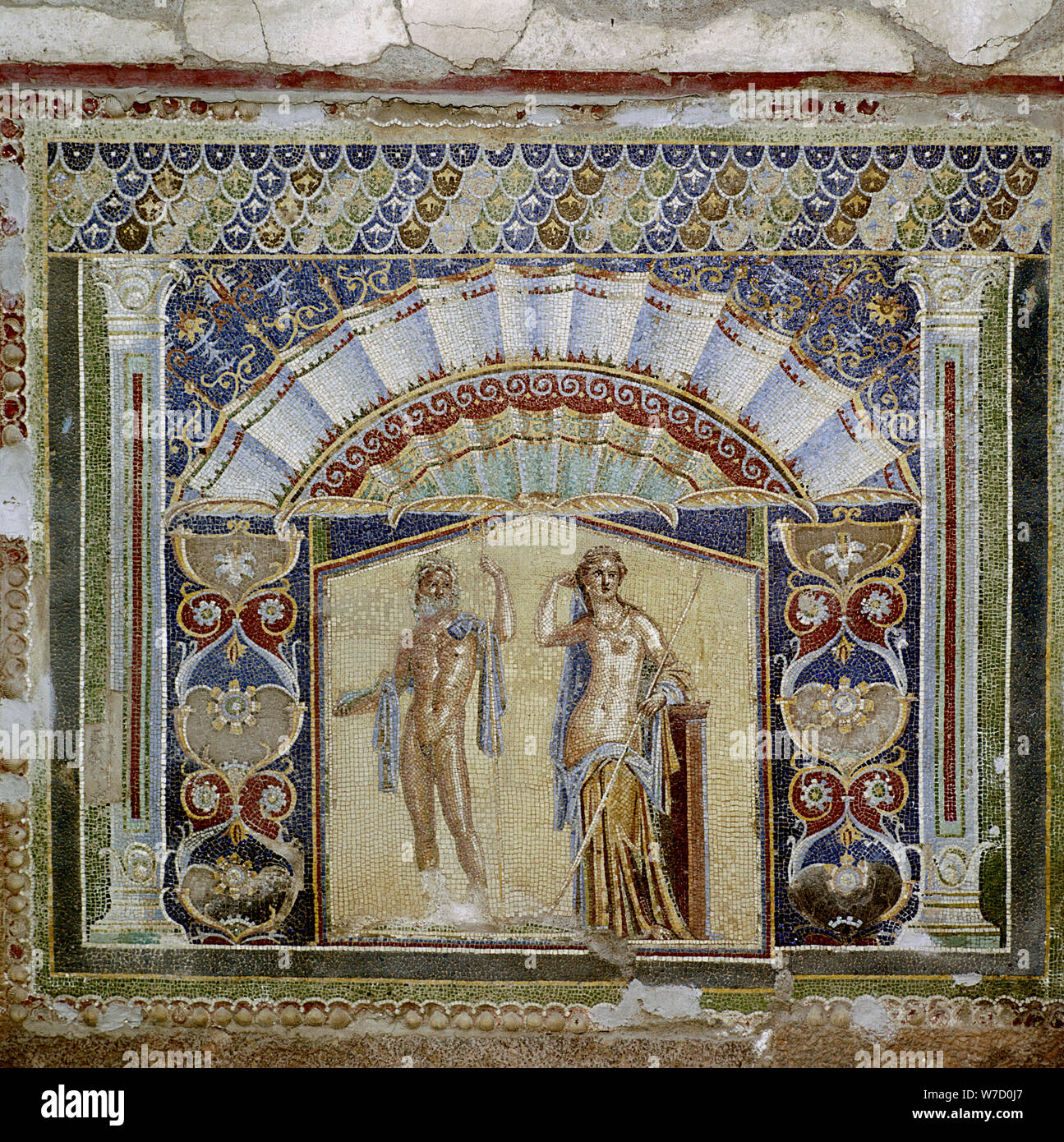 Roman mosaic in the Nymphaeum of the House, Herculaneum, Italy. Artist ...