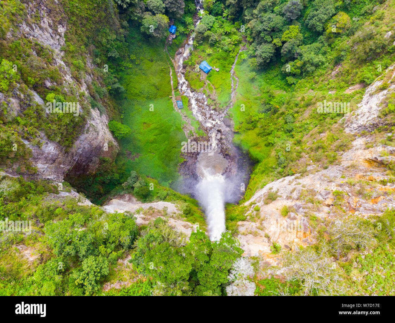 Aerial view Sipiso-piso waterfall in Sumatra, travel destination in ...