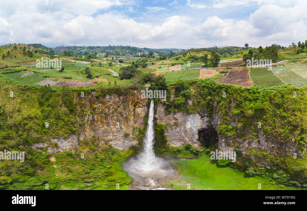 Aerial view Sipiso-piso waterfall in Sumatra, travel destination in ...