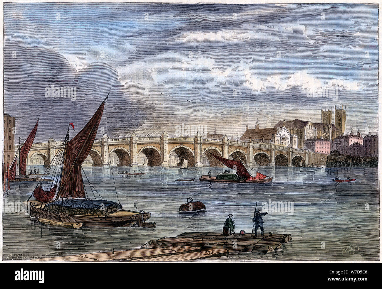 'Old Westminster Bridge in 1754', 19th century. Artist: Unknown Stock ...